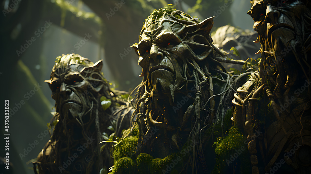 Three menacing tree monsters with glowing red eyes emerge from the ...