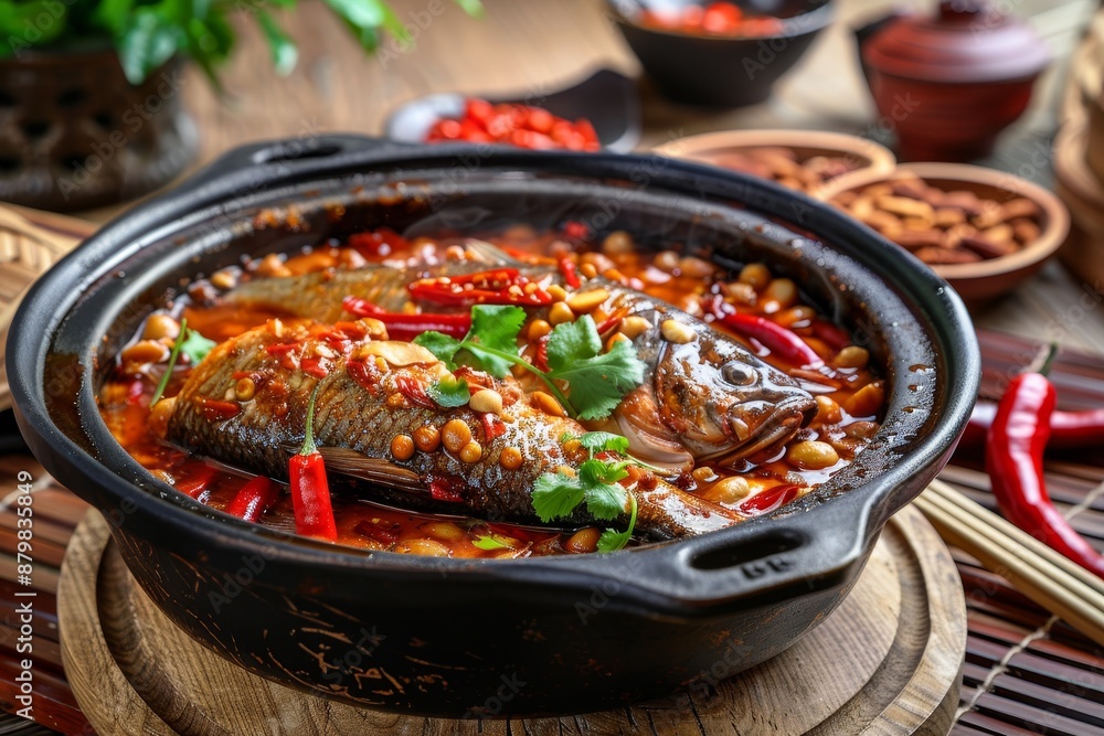 Local Chinese cook live catfish in spicy Szechuan sauce with nuts in ...