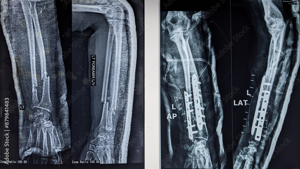 X ray image of forearm showing radius ulna fracture and repair with ...