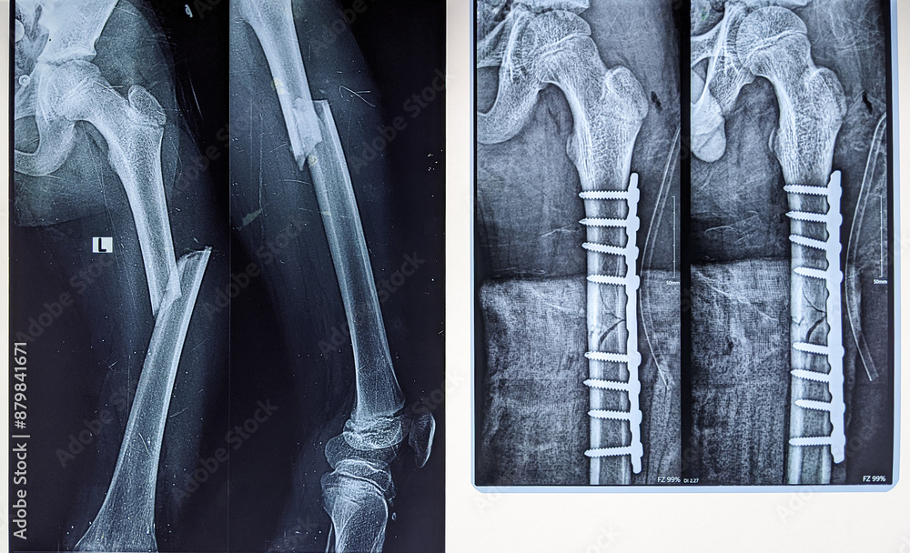 X ray image of femur fracture and fixation of the fracture by dynamic ...