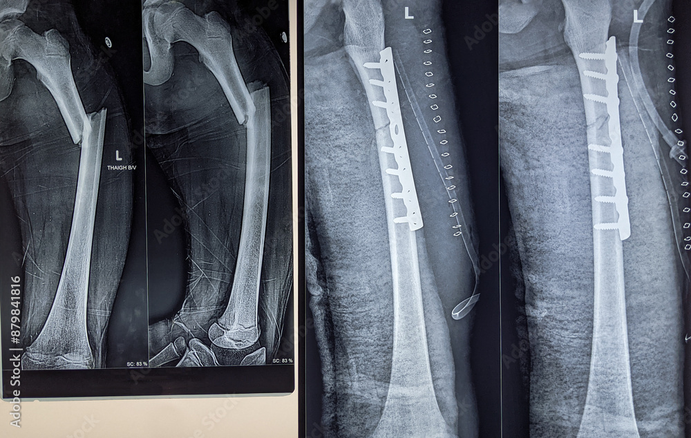 X ray image of femur fracture and fixation of the fracture by dynamic ...
