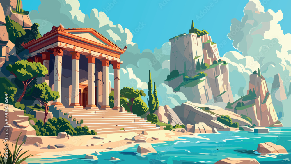 Ancient Greek Building on Beach Cartoon Game Background Coastal Ruins ...