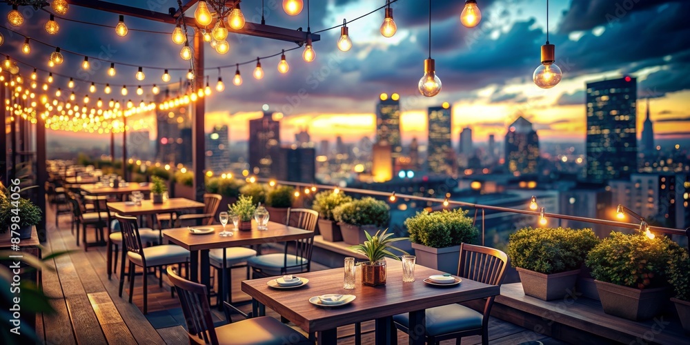 Rooftop restaurant with stunning city views at sunset. The dining area ...