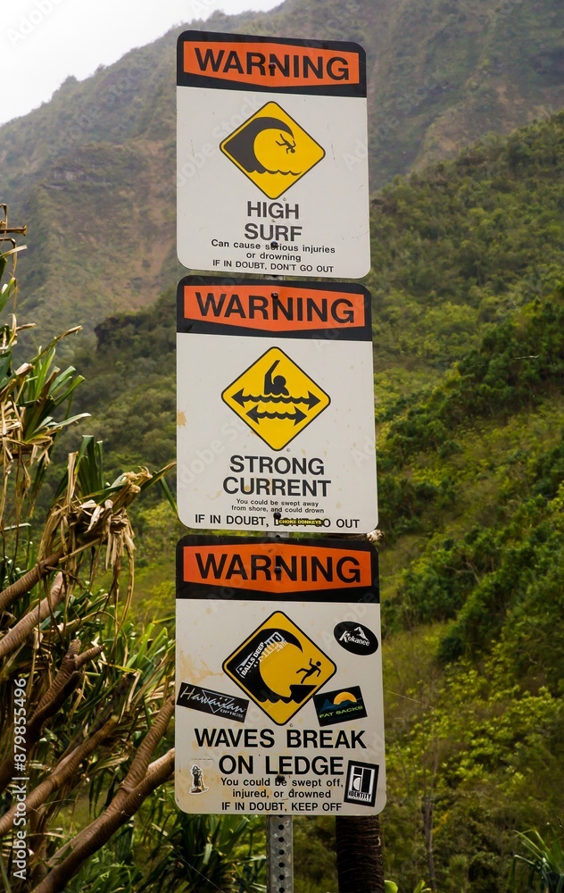 Kauai, Hawaii, Warning signs at several beaches along the Kalalau trail ...