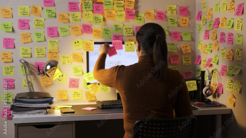 Rear view of young female working late at her desk, adding a colorful ...