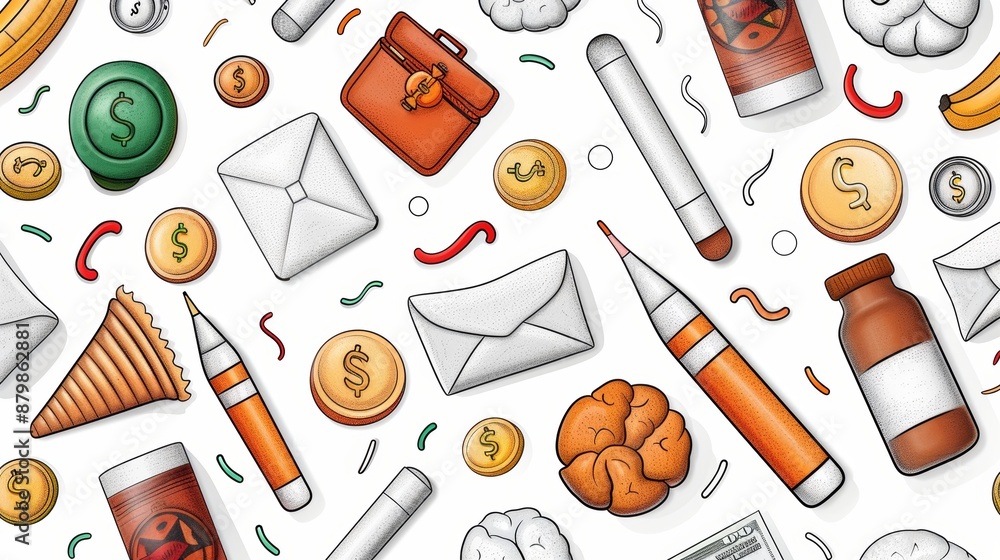 Wealth symbols flat design top view futuristic theme cartoon drawing ...