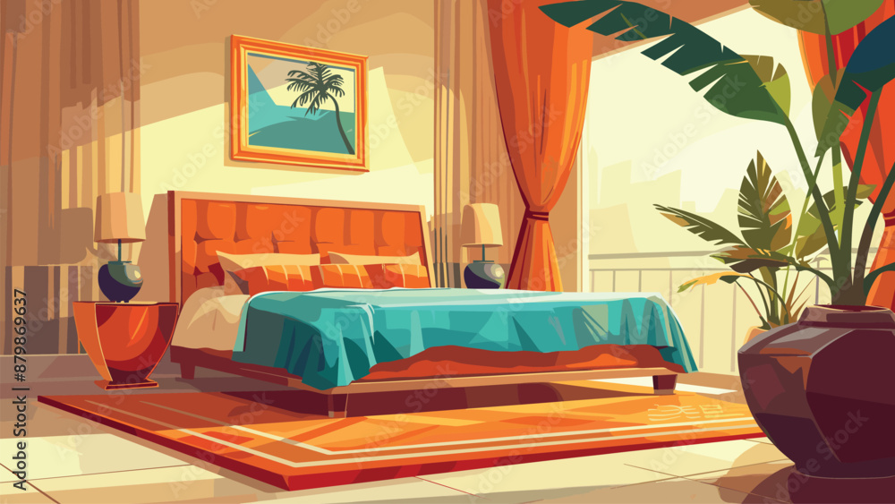 Interior of a Hotel Room with a Large Double Bed and a Large Vase with ...