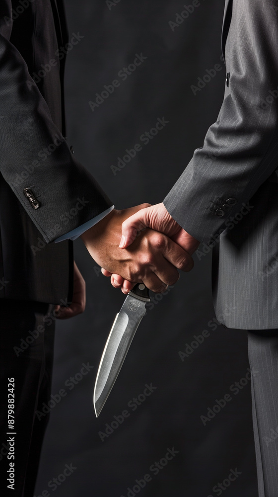 Two businessmen shake hands, one hides a knife, revealing betrayal and ...