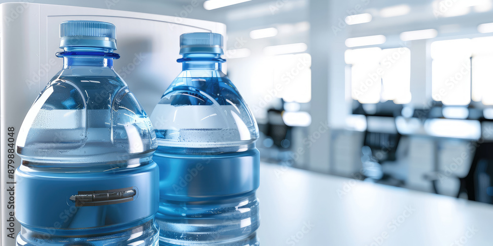 Plastic Water cooler over white office interior background. Large ...