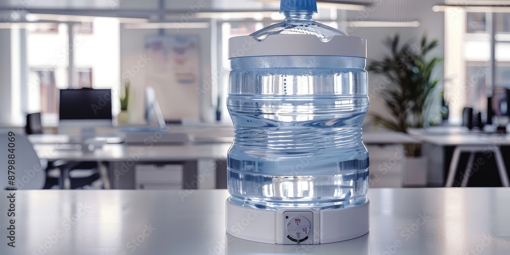 Plastic Water cooler over white office interior background. Large ...