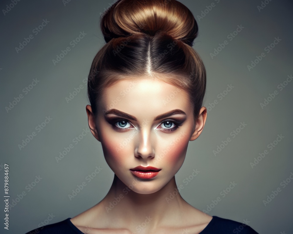 Portrait of a girl with a sleek middle part bun hairstyle, emphasizing ...