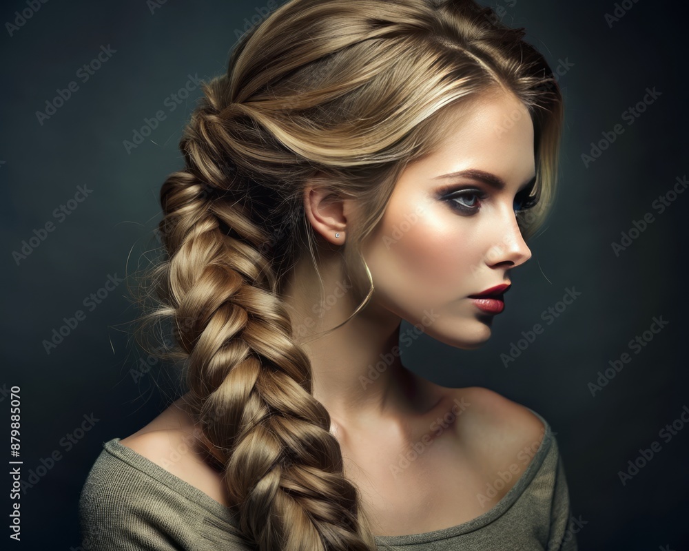 Portrait of a girl with a messy fishtail braid hairstyle, highlighting ...