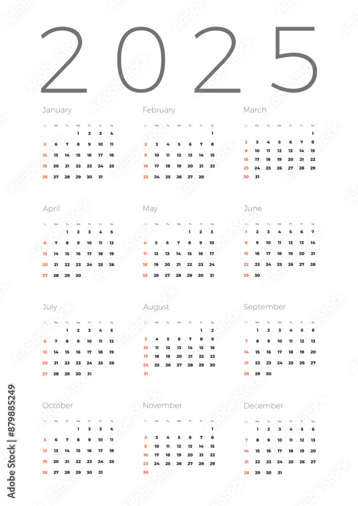Annual calendar 2025 template on white background. Week starts on ...