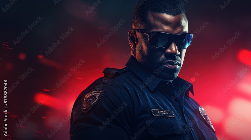 Serious african american police officer in uniform standing against red ...