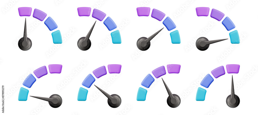 3d speedometer icon. Low, middle and high speed status. Scale score of ...