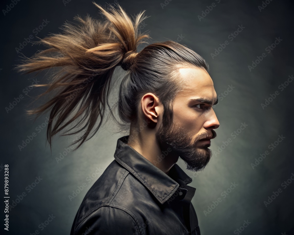 Studio portrait of a man with a mohawk ponytail hairstyle, combining ...