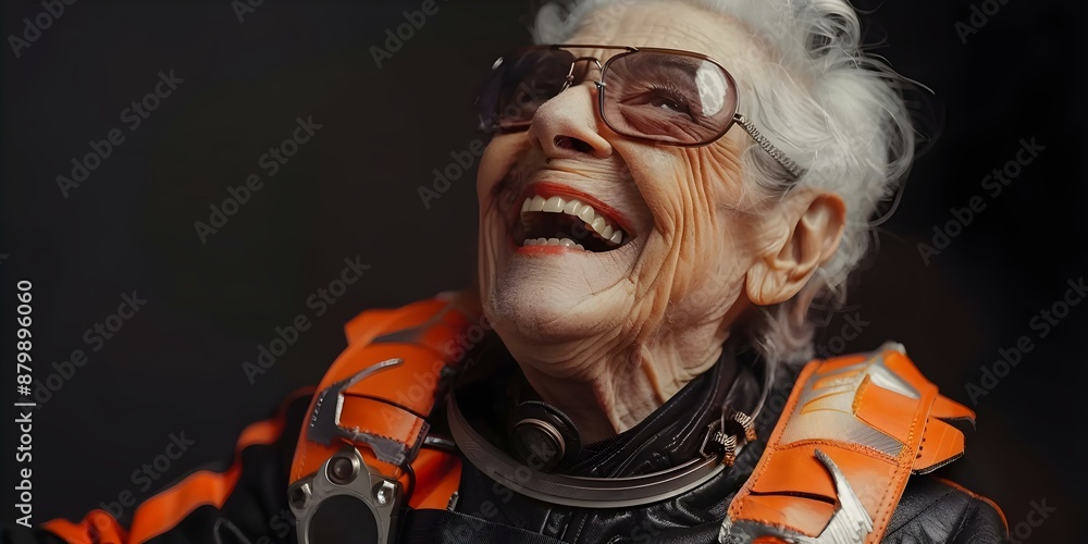 Eccentric elderly woman in futuristic battle attire laughing manically ...