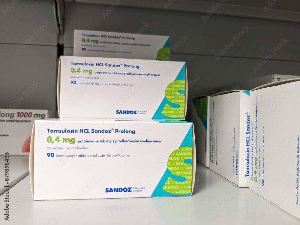 Prague, Czech Republic - July 10 2024: TAMSULOSIN HCL SANDOZ box of ...