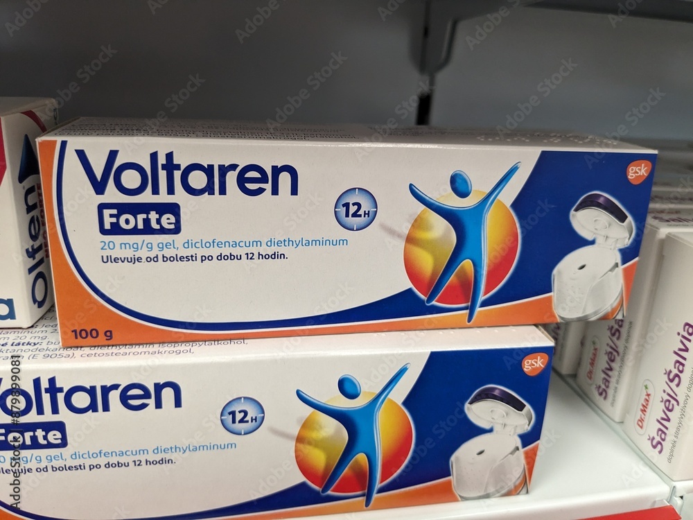 Prague, Czech Republic - July 10 2024: VOLTAREN FORTE box of medication with DICLOFENAC active ...