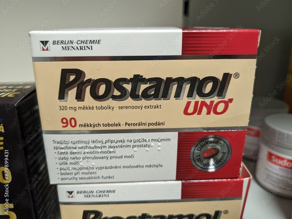 Prague, Czech Republic - July 10 2024: PROSTAMOL UNO box of medication ...