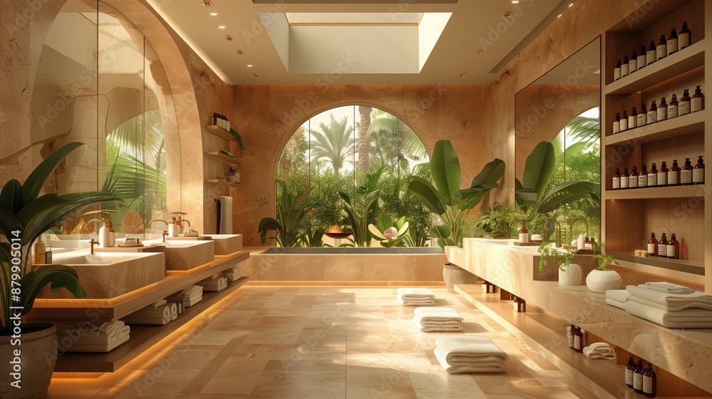 Luxurious spa bathroom with large arched window, natural light ...