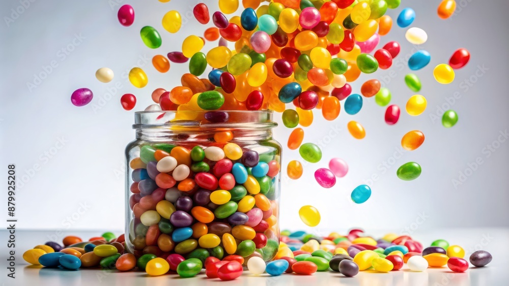 Vibrant jelly beans cascade from a clear glass jar, scattering across a ...