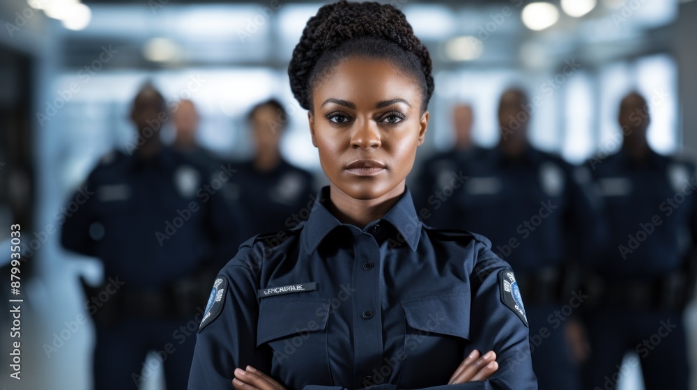 Portrait of confident female police officer standing in office in front ...
