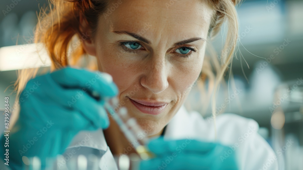 A dedicated female scientist precisely handling liquids, showcasing concentration and expertise ...