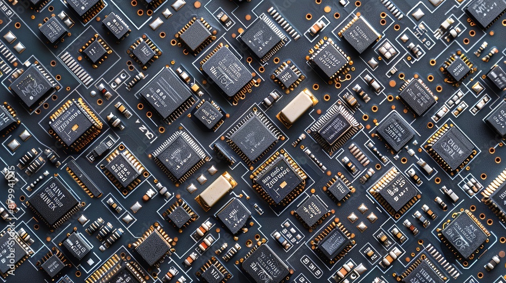 Tiny computer chips packed on a circuit board form the "brains" (CPU) of electronic devices ...