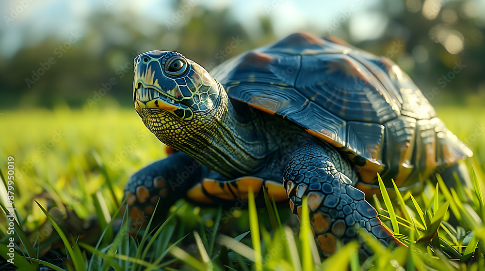 Turtle in grass, motion blur, bokeh, macro photography, hyper realistic ...