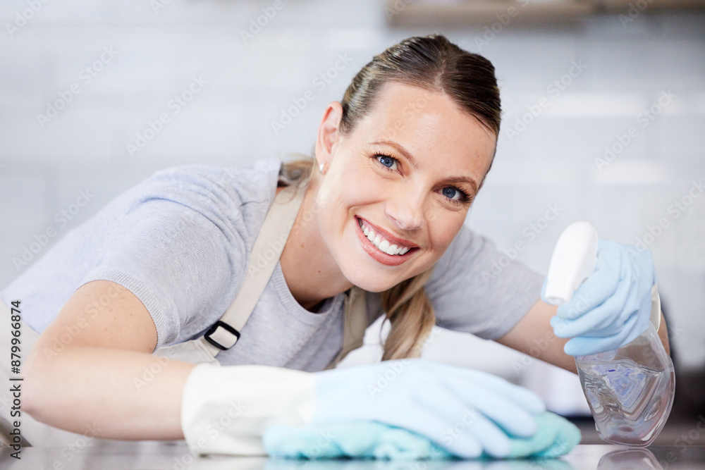 Bottle, portrait and woman wipe kitchen counter with cloth for hygiene ...