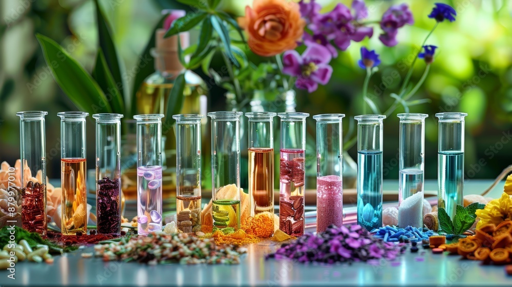perfume making process, lab table with test tubes containing colorful ...