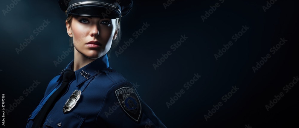 Portrait of a beautiful caucasian police woman on a dark background ...