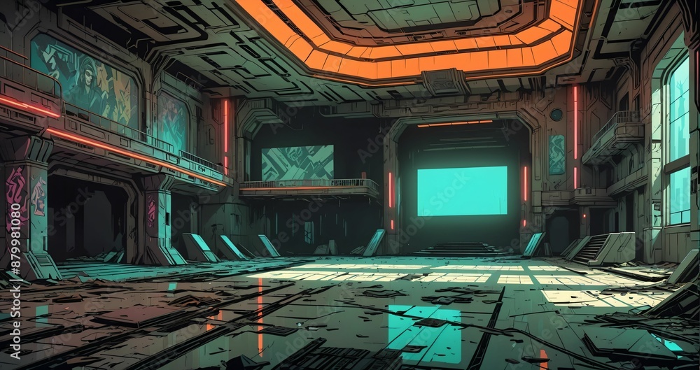 abandoned room interior in cyberpunk sci fi building. dystopian old ...