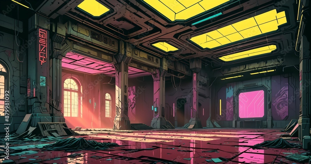 abandoned room interior in cyberpunk sci fi building. dystopian old ...