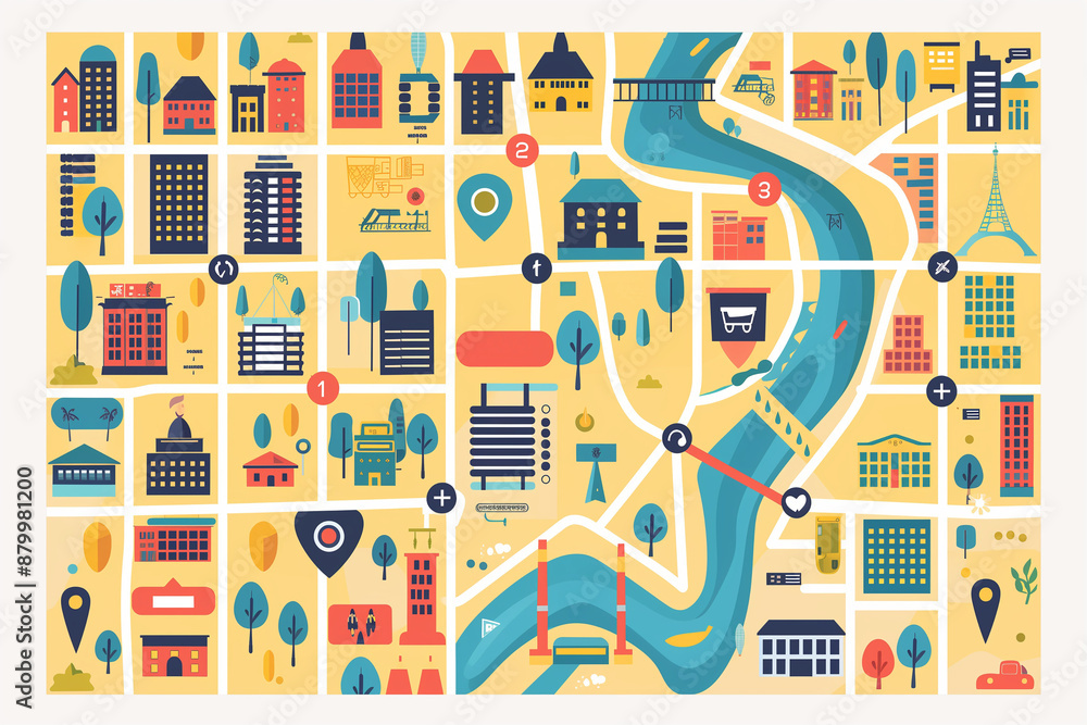 City map infographic with detailed streets, buildings, and navigation icons. Clear and colorful ...