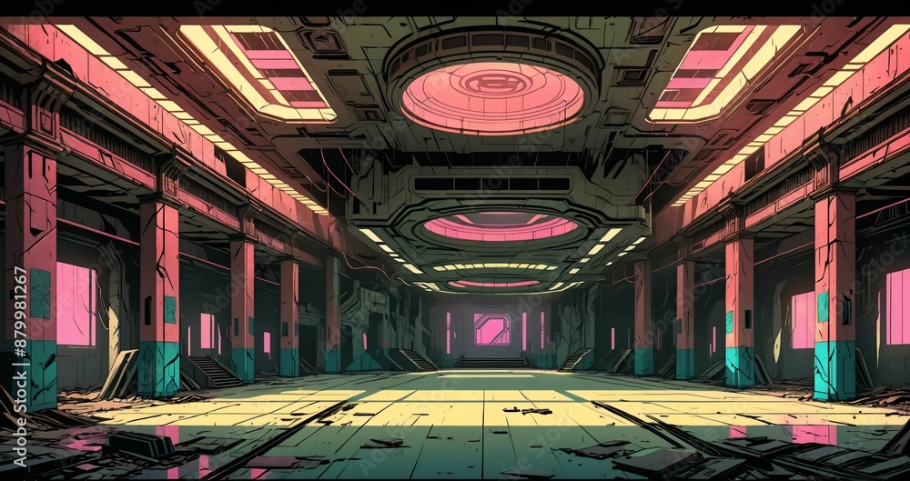 abandoned room interior in cyberpunk sci fi building. dystopian old ...