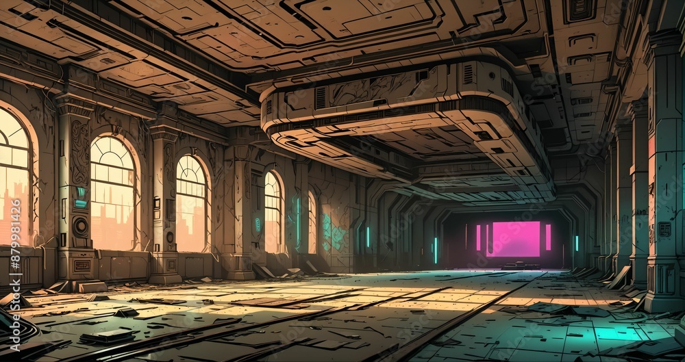 abandoned room interior in cyberpunk sci fi building. dystopian old ...