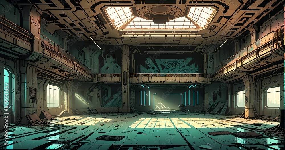 abandoned room interior in cyberpunk sci fi building. dystopian old ...