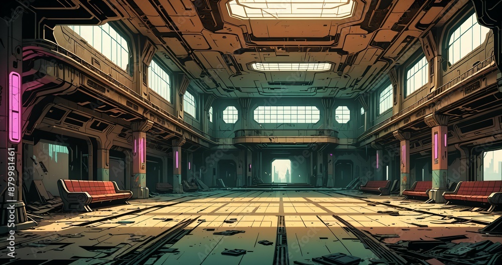 abandoned room interior in cyberpunk sci fi building. dystopian old ...