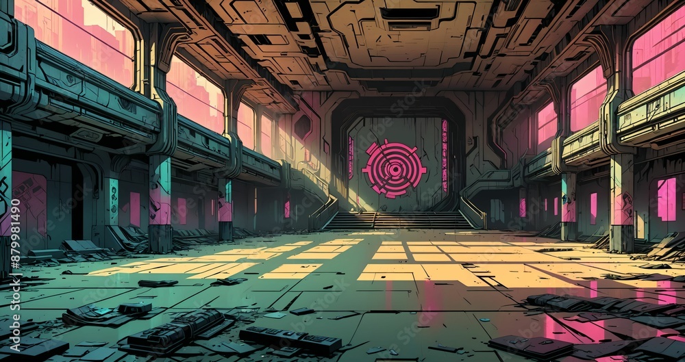 abandoned room interior in cyberpunk sci fi building. dystopian old ...