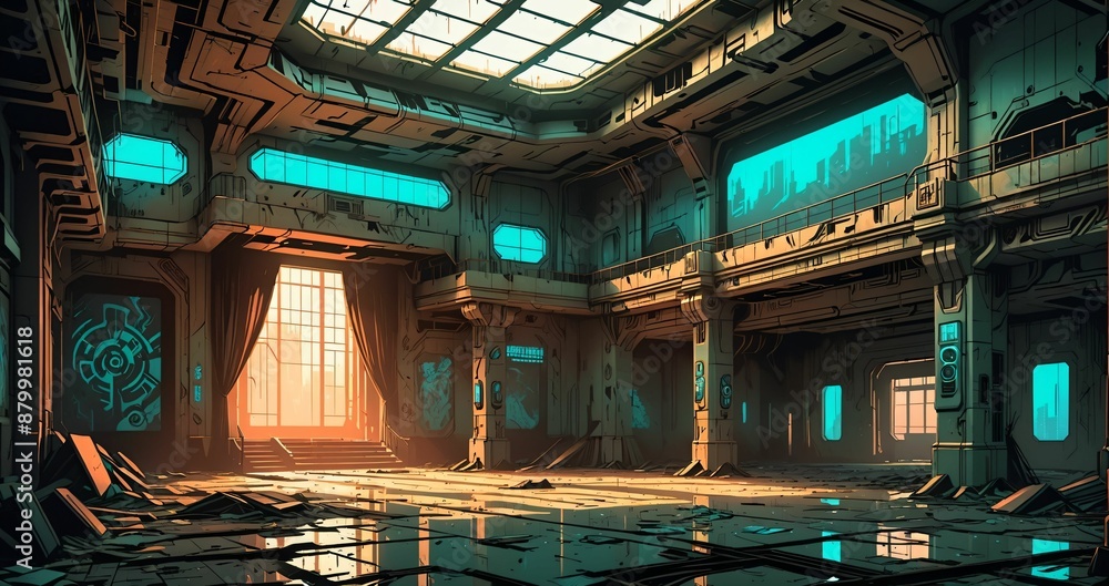 abandoned room interior in cyberpunk sci fi building. dystopian old ...