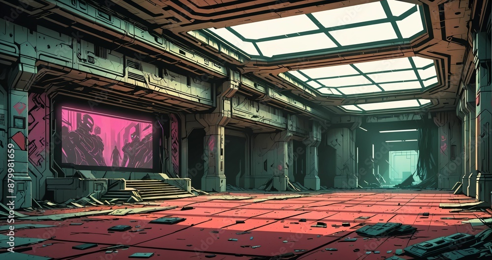 abandoned room interior in cyberpunk sci fi building. dystopian old ...