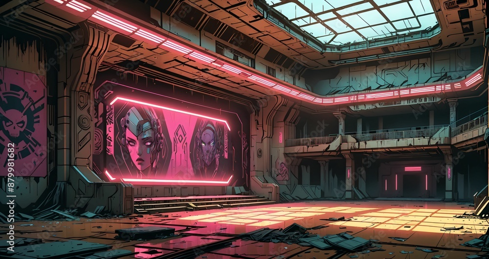 abandoned room interior in cyberpunk sci fi building. dystopian old ...