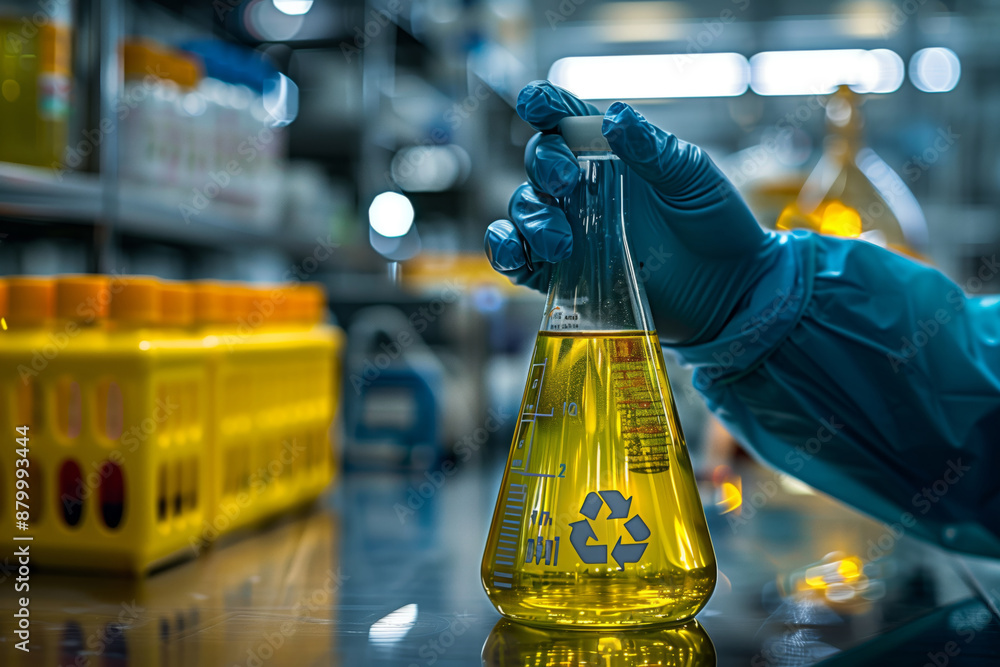 A Gloved Hand Holds A Flask Of Liquid With The Recycling Symbol In A ...