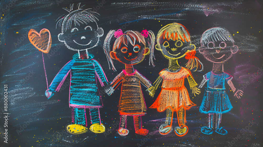 grupo de amigos dibujados en una pizarra con gis de colores tomados de ...