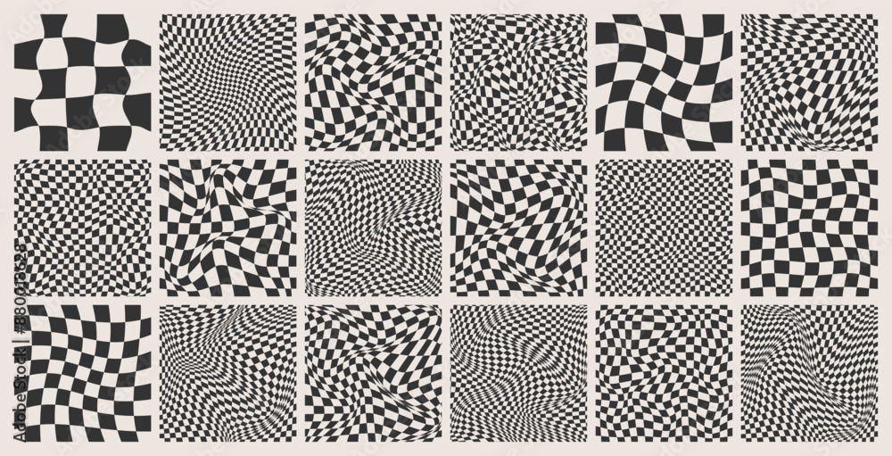 Trendy checkered pattern, black and white distorted tiled grid. Wavy ...