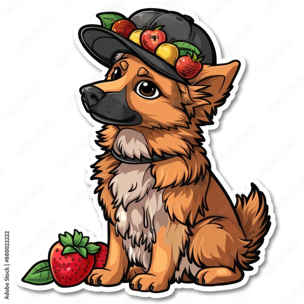 cartoon dog with fruit salad and yogurt sticker, white background ...