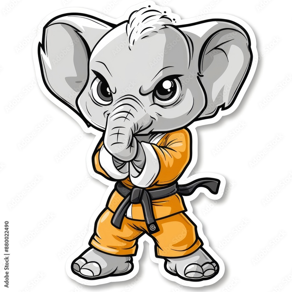 cartoon elephant with karate gi and black belt sticker, white ...