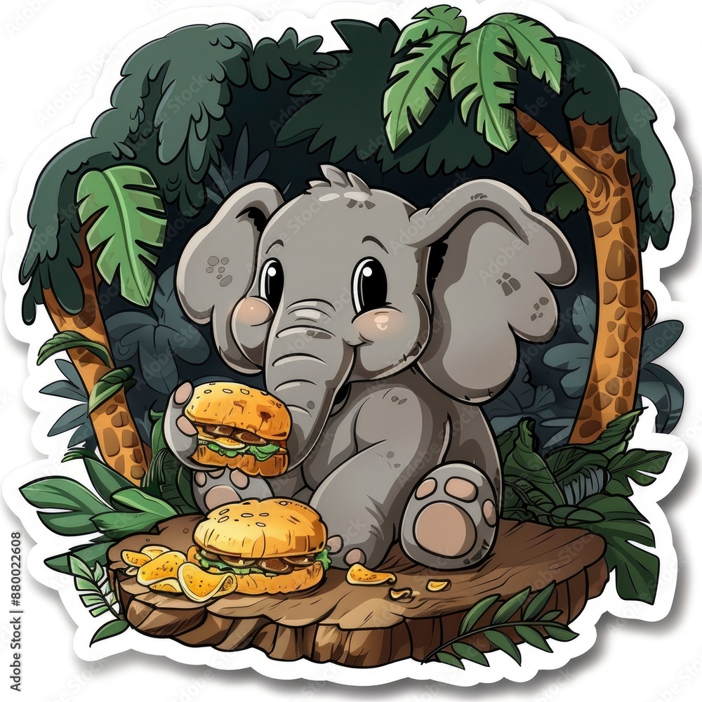 cartoon elephant with sandwich and chips sticker, white background ...